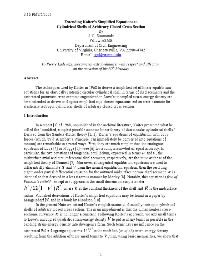 U U V V W: Extending Koiter's Simplified Equations To Cylindrical ...