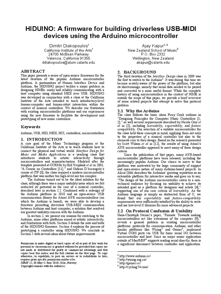 Hiduino A Firmware For Building Driverless Usb Midi Devices Using The Arduino Microcontroller