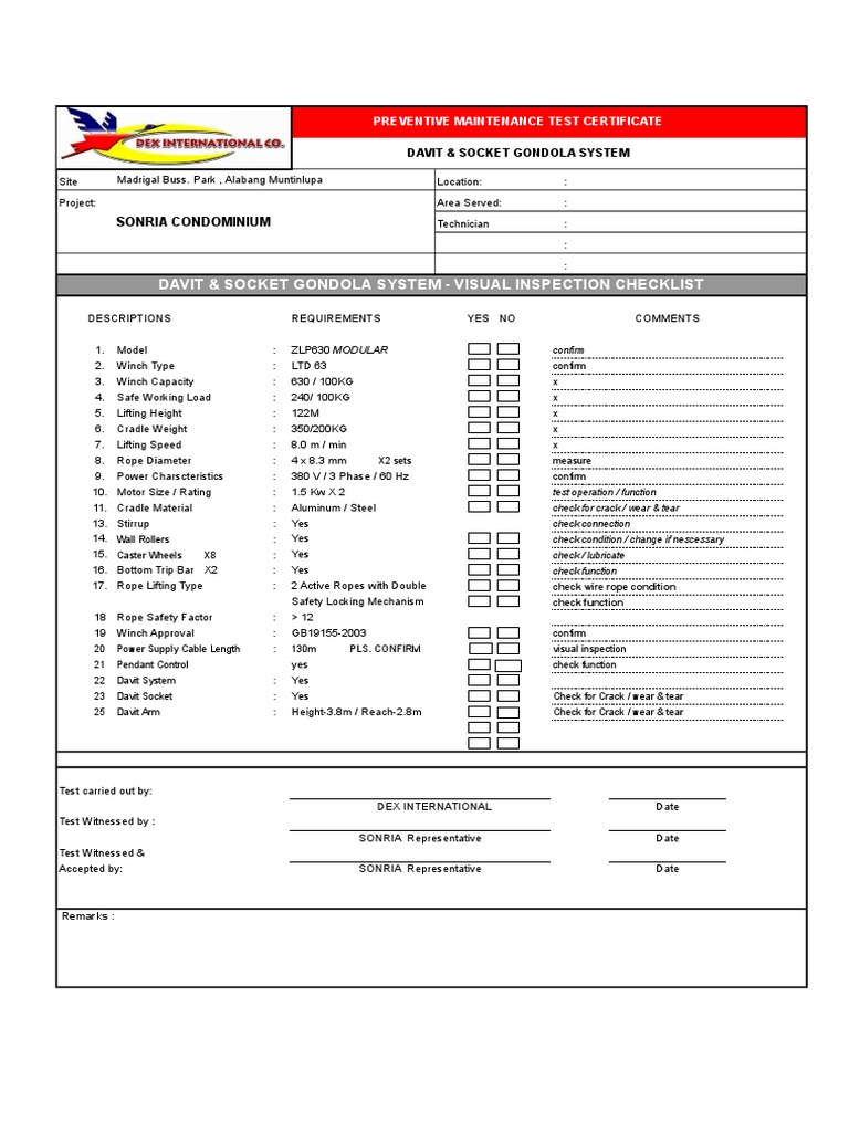 Davit & Socket Gondola System - Visual Inspection Checklist: Sonria ...