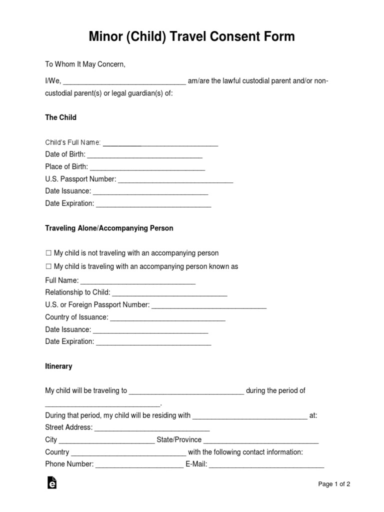 Minor Travel Consent Form Template | PDF