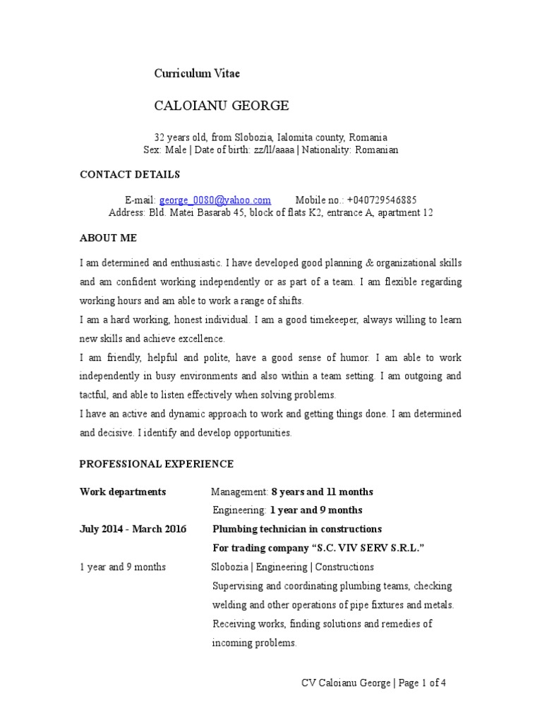 CV George Caloianu English | PDF | Cognition | Learning