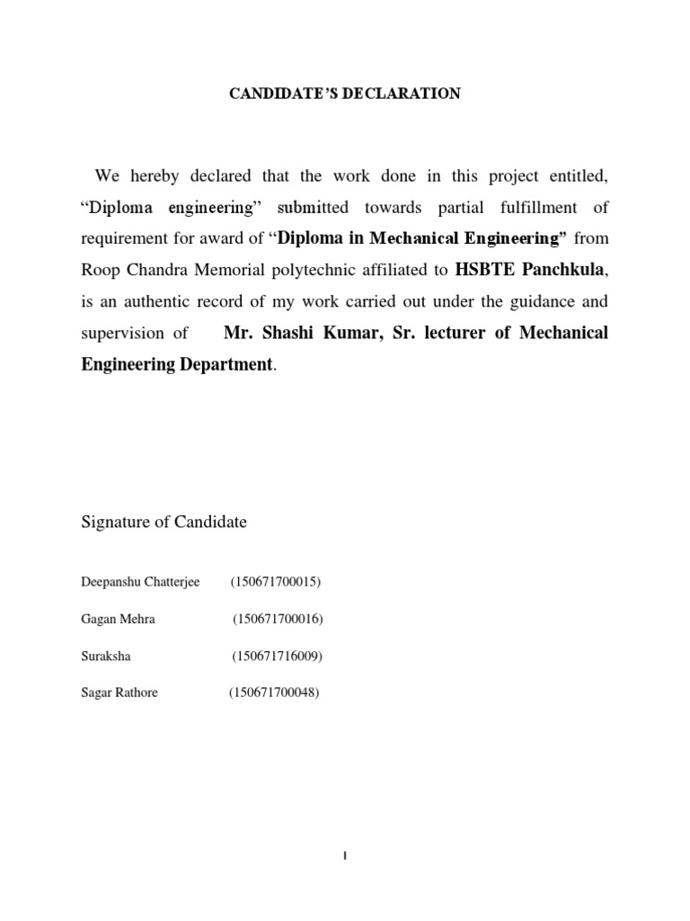 Engineering Department.: Candidate'S Declaration | PDF | Belt ...