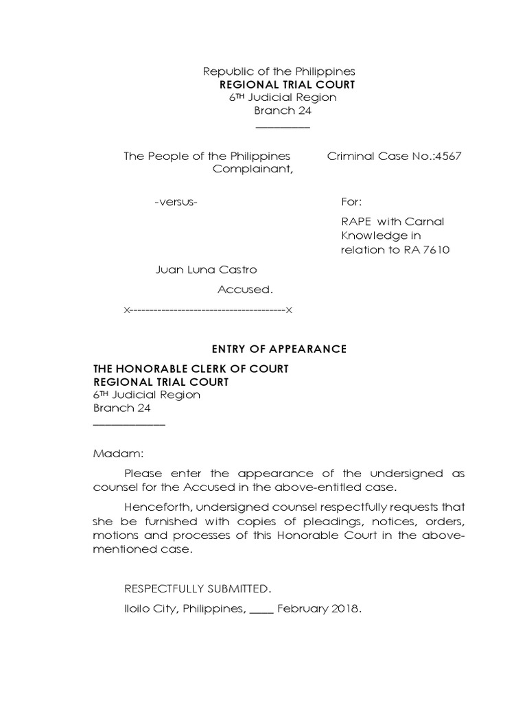 Sample Form Entry of Appearance | PDF | Law