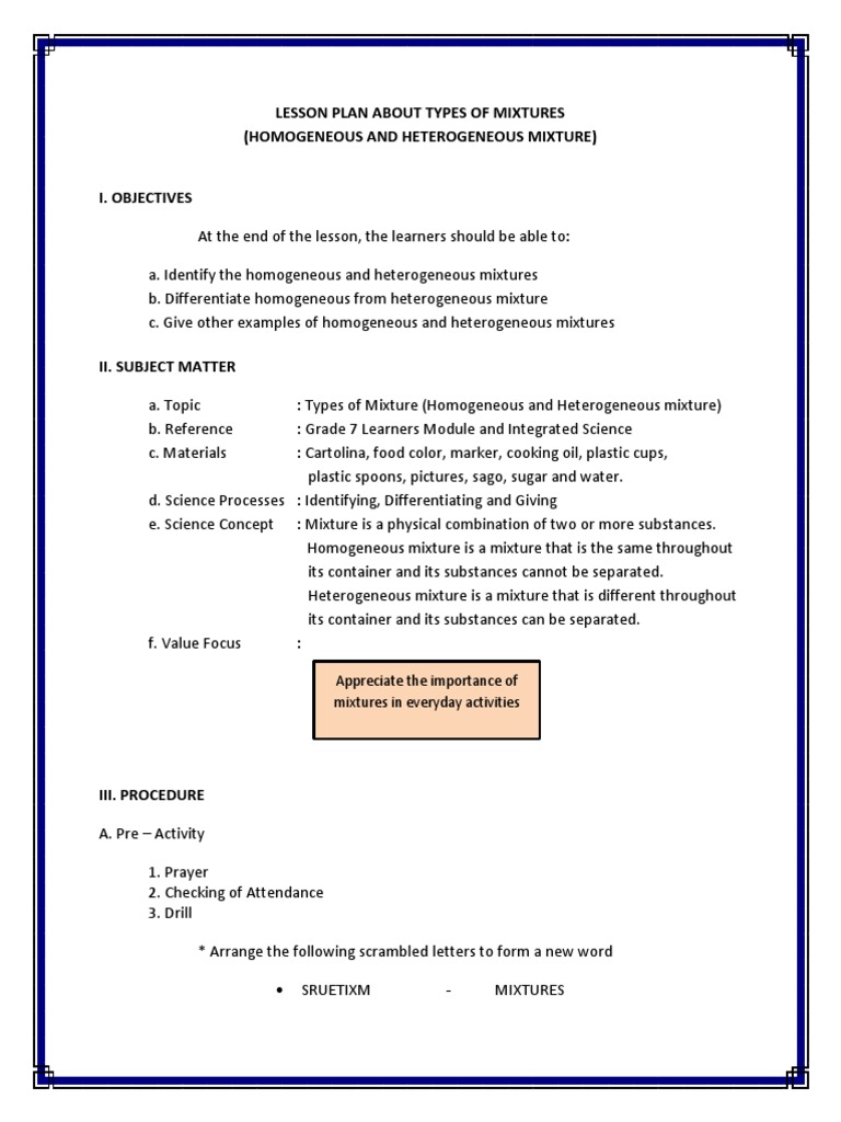 Lesson Plan About Types of Mixtures | PDF | Homogeneity And ...