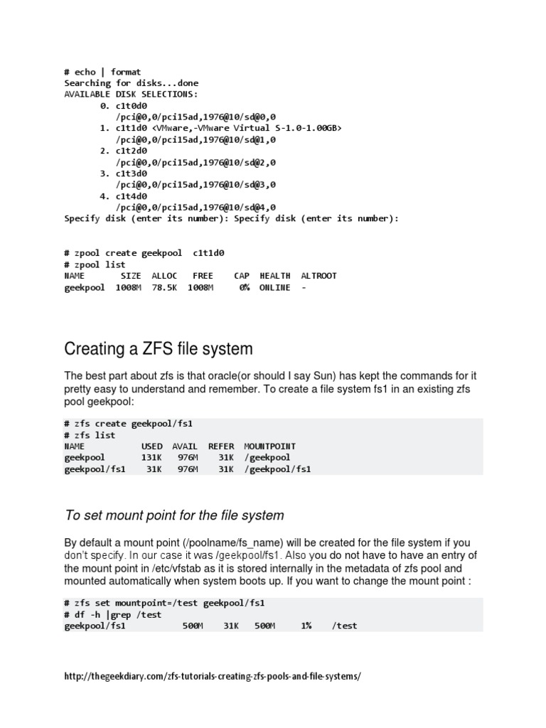 Creating A ZFS File System: To Set Mount Point For The File System | PDF | File System | Computing