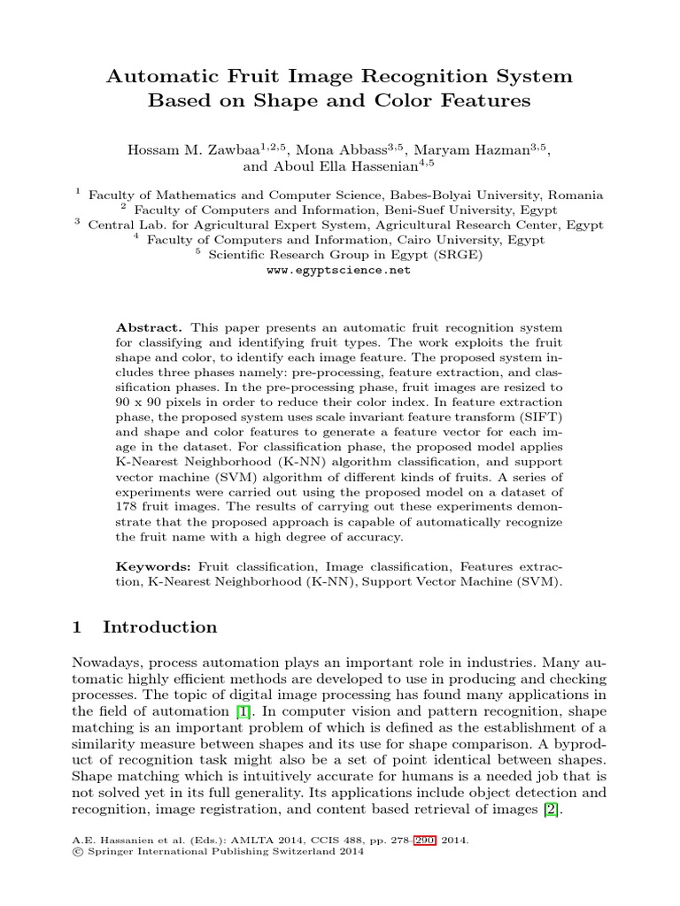 Automatic Fruit Image Recognition System Based On Shape and Color Features | PDF | Support ...