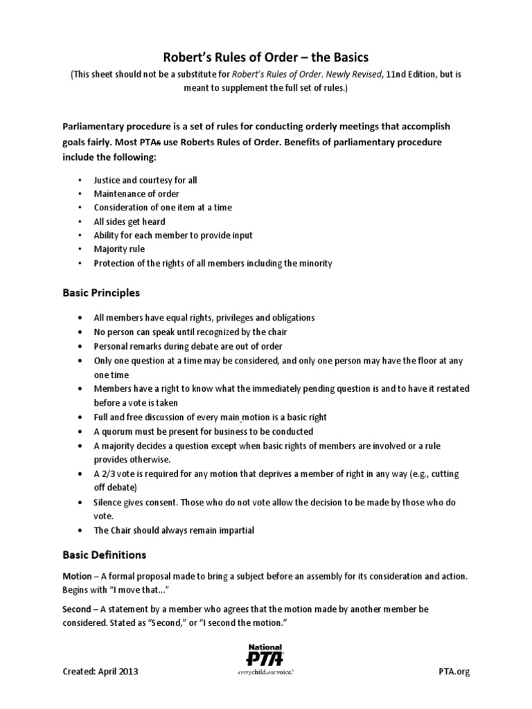 Roberts Rules of Order Basics | PDF | Chairman | Parliamentary Procedure