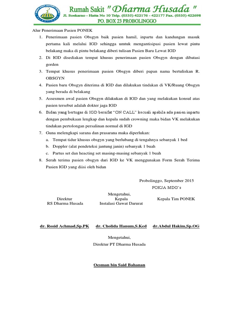 Alur Penerimaan Pasien PONEK | PDF