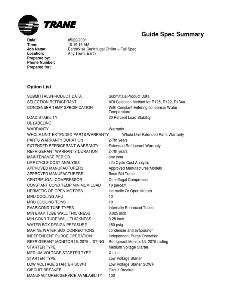 Guide Spec Summary: Option List | PDF | Fuse (Electrical) | Electric Motor
