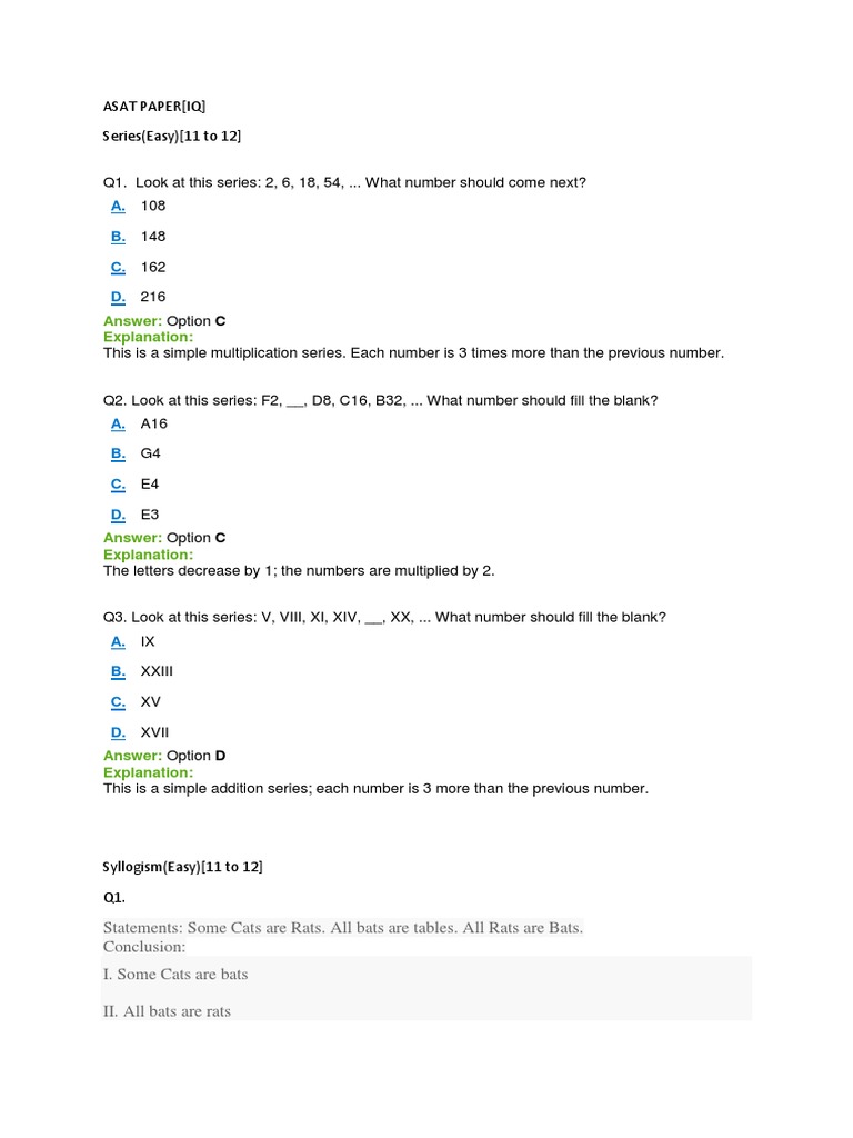Asat Paper (Iq) Series (Easy) (11 To 12) : A. B. C. D | PDF | Teaching ...