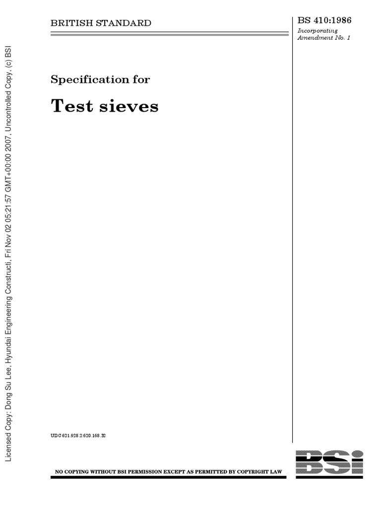 BS 410 1986 - Specification For Test Sieves PDF | PDF | Engineering ...