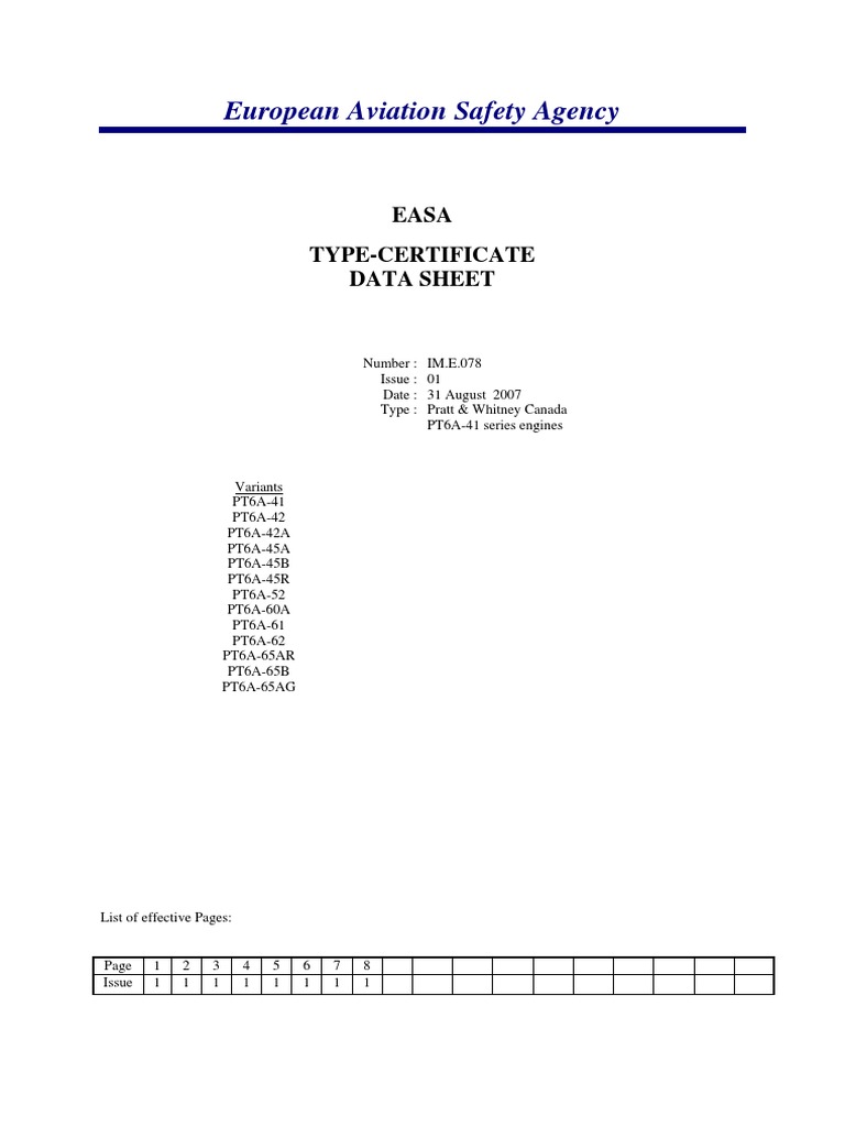 EASA-TCDS-E.078 (IM) Pratt and Whitney Canada PT6A - 41 Series Engines ...
