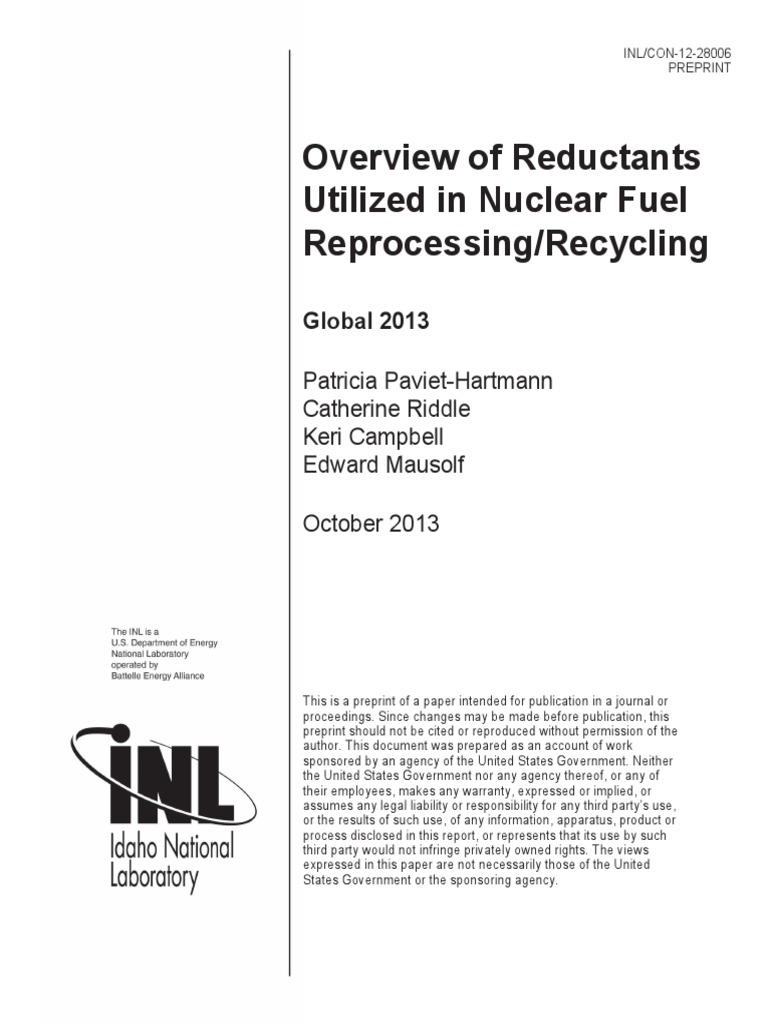 Overview of Reductants Utilized in Nuclear Fuel Reprocessing/Recycling ...