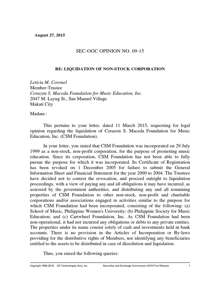 Sec-Ogc Opinion No. 09-15 | PDF | Liquidation | Corporations