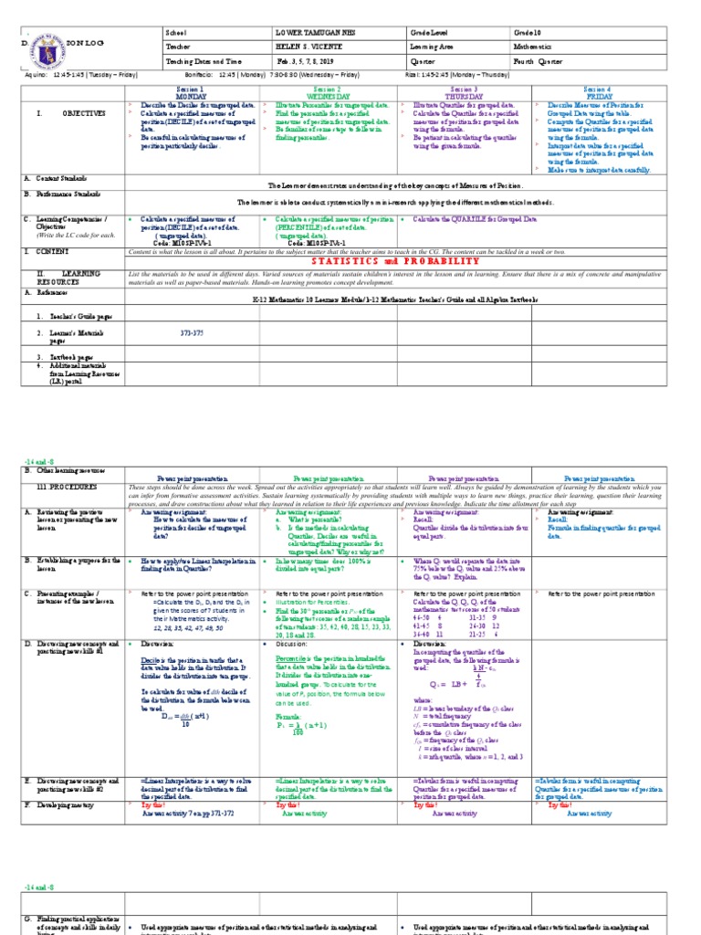 DLL Format - Math 8 n10 (18-19) | PDF | Percentile | Learning