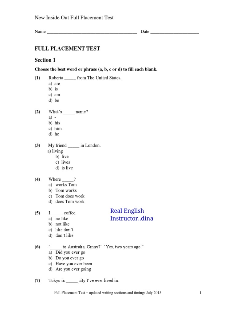 New Inside Out Full Placement Test Guide | PDF | Tourism | Dictionary