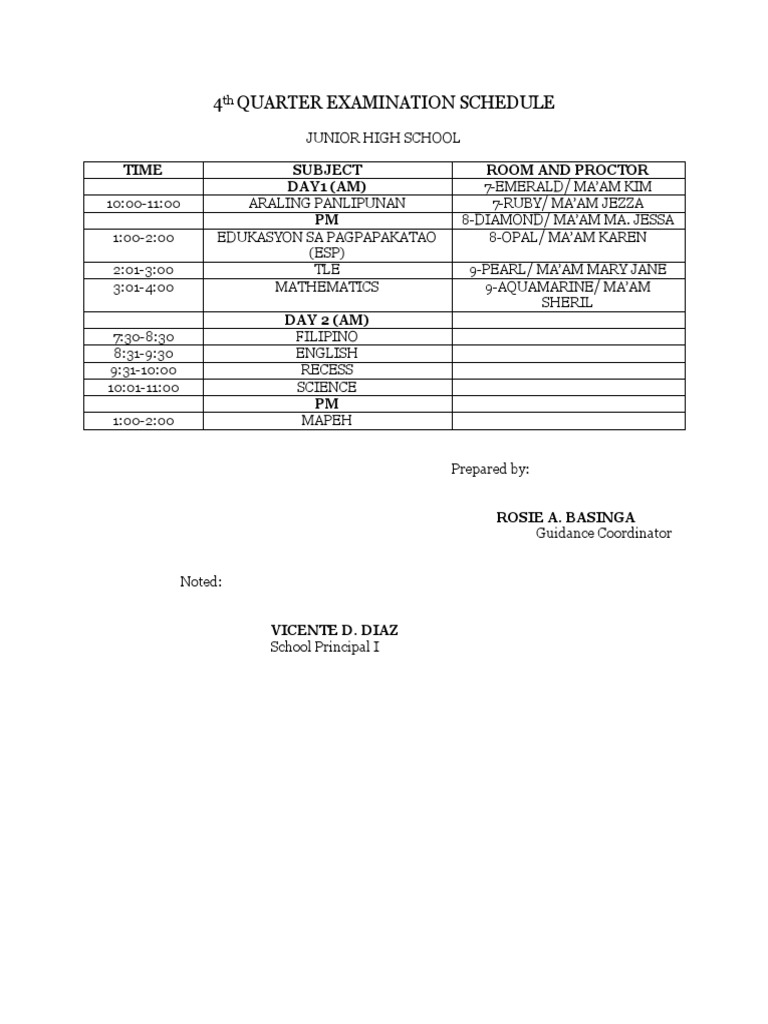 Junior High School 4th Quarter Exam Schedule | PDF