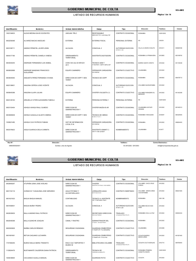 Recursos Humanos GAD Colta | PDF | Alcalde | Esfera pública