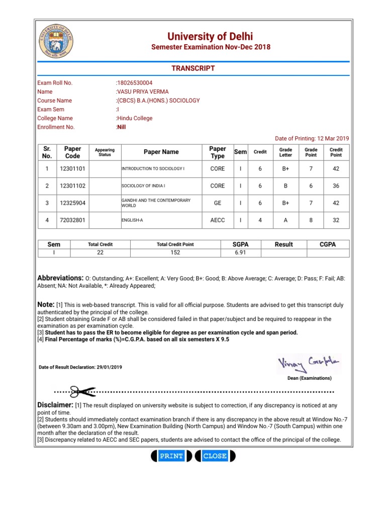 University of Delhi: Semester Examination Nov-Dec 2018 Transcript | PDF ...