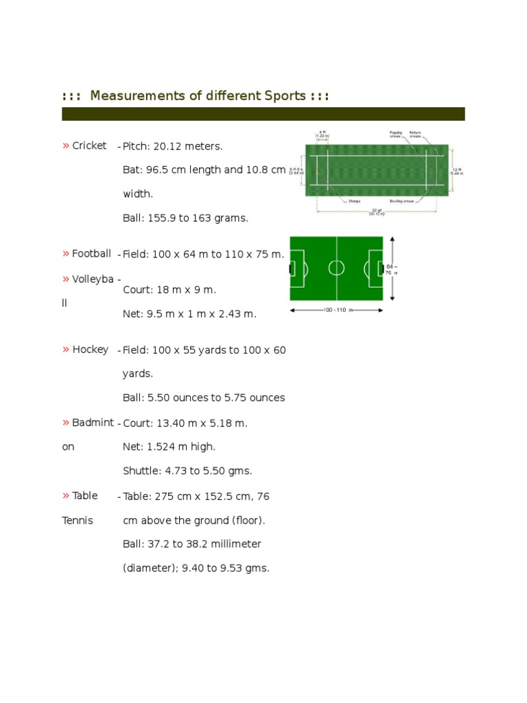 Sports Field Measurements Overview | PDF | Metre | Ball Games