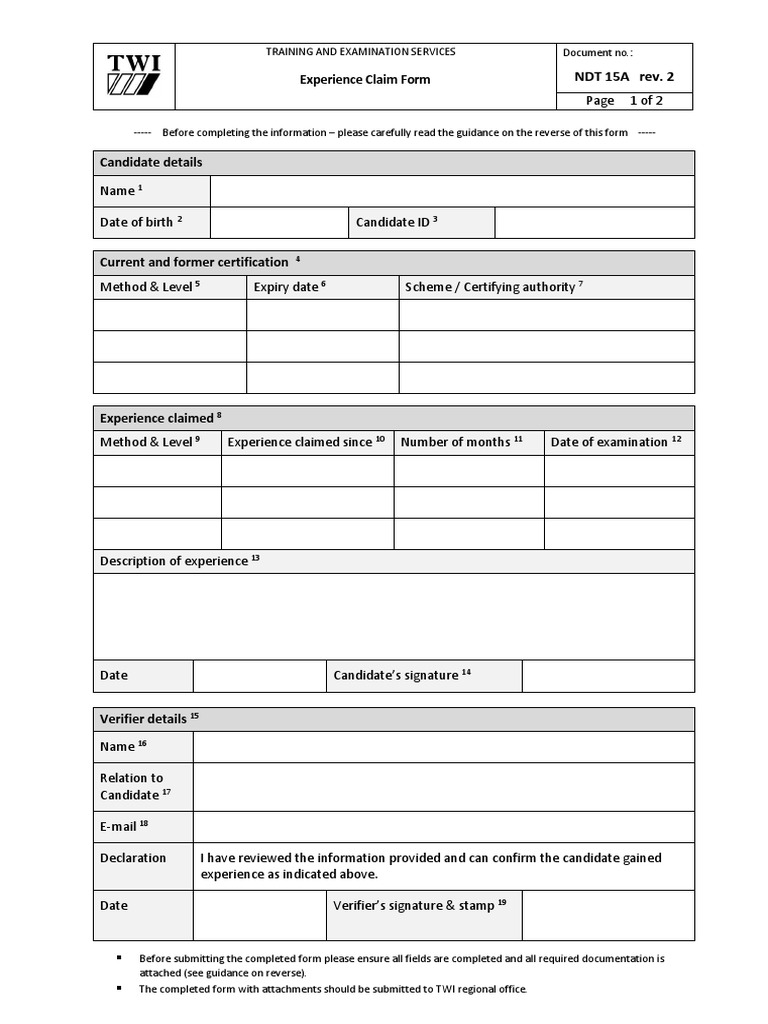 NDT Experience Claim Form Instructions | PDF | Identity Document