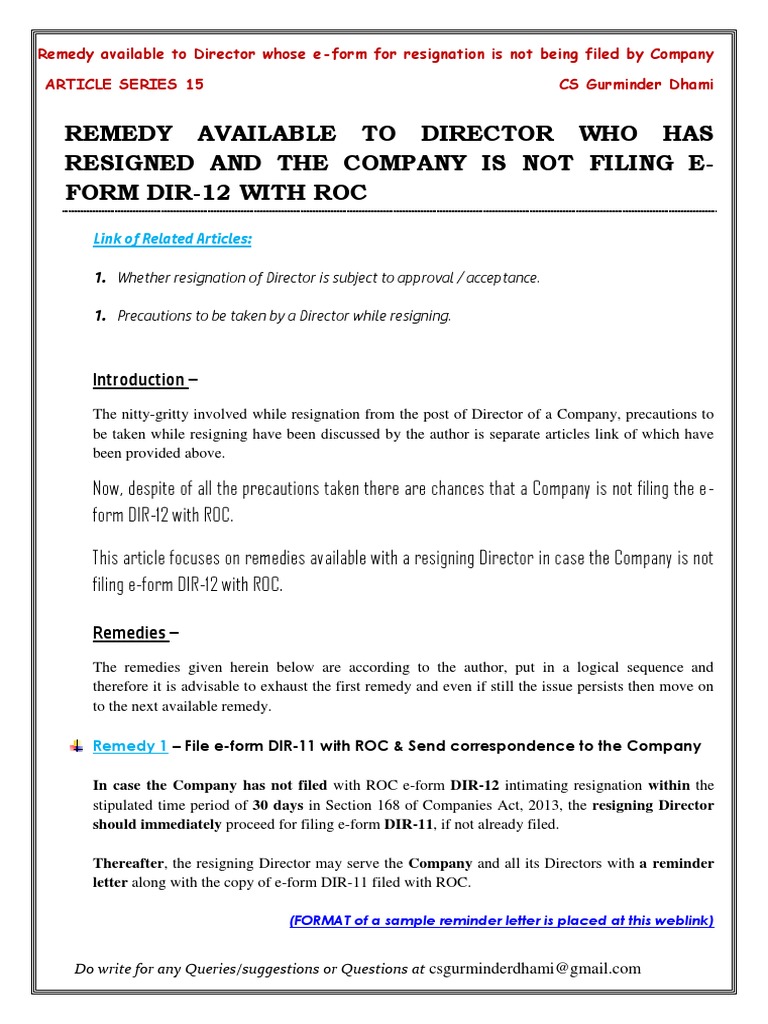 Remedy When Company Is Not Filing E-Form DIR-12 | PDF | Complaint | Lawsuit