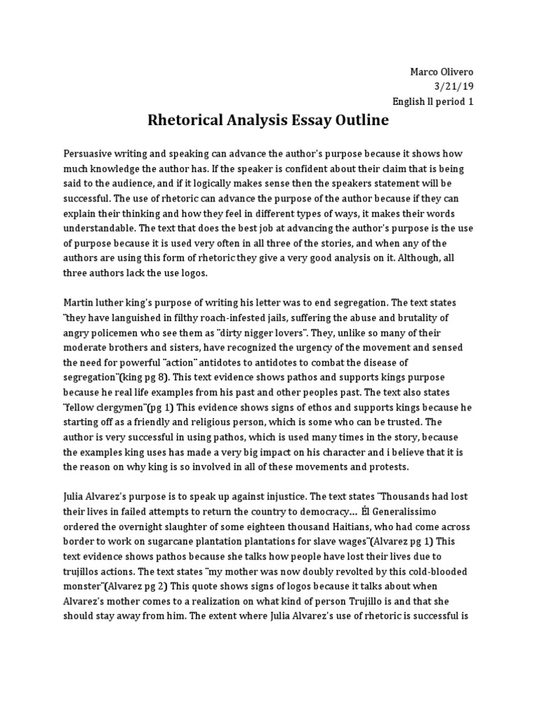 Rhetorical Analysis Essay Outline-Marco Olivero | PDF | Rhetoric | Logos