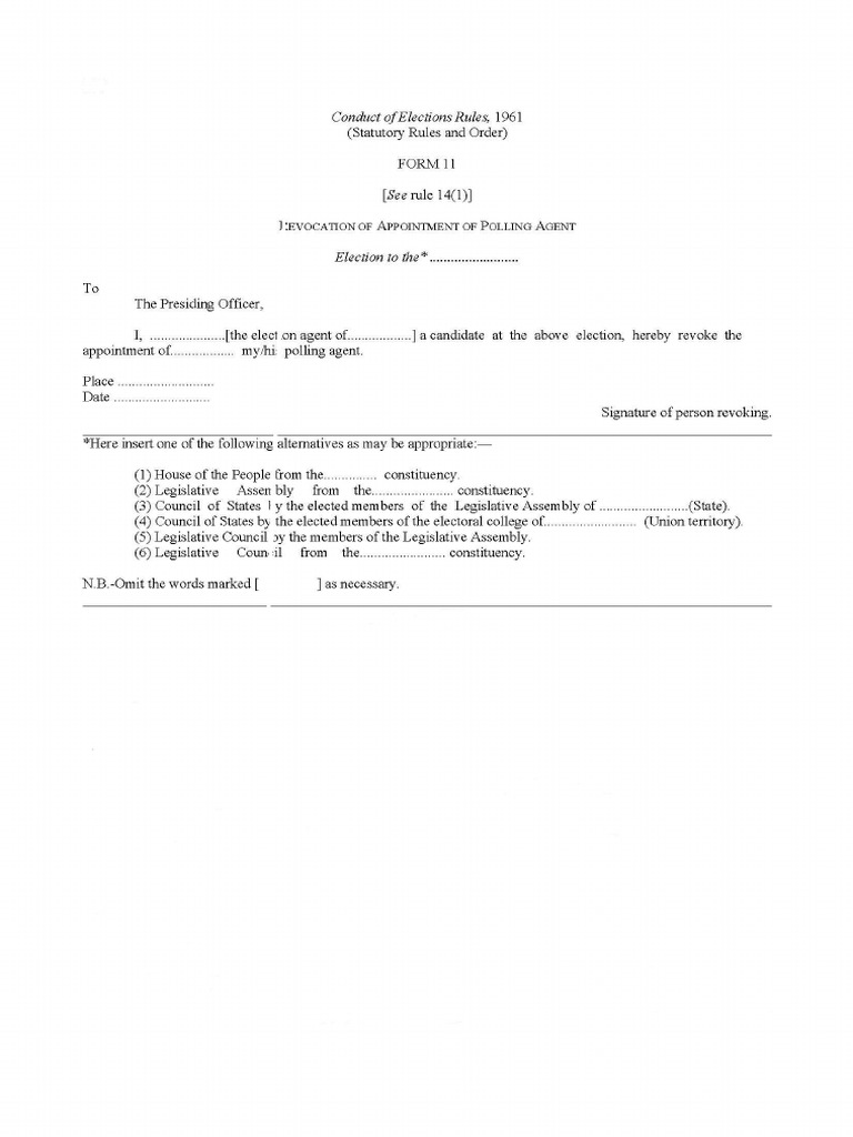 Form - 11 - Revocation of Appointment of Polling Agent | PDF