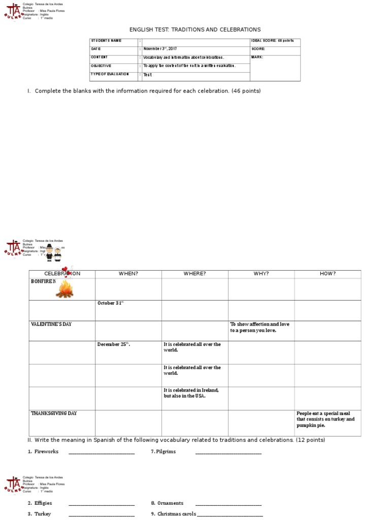 English Test: Traditions and Celebrations | PDF | Observances | Traditions
