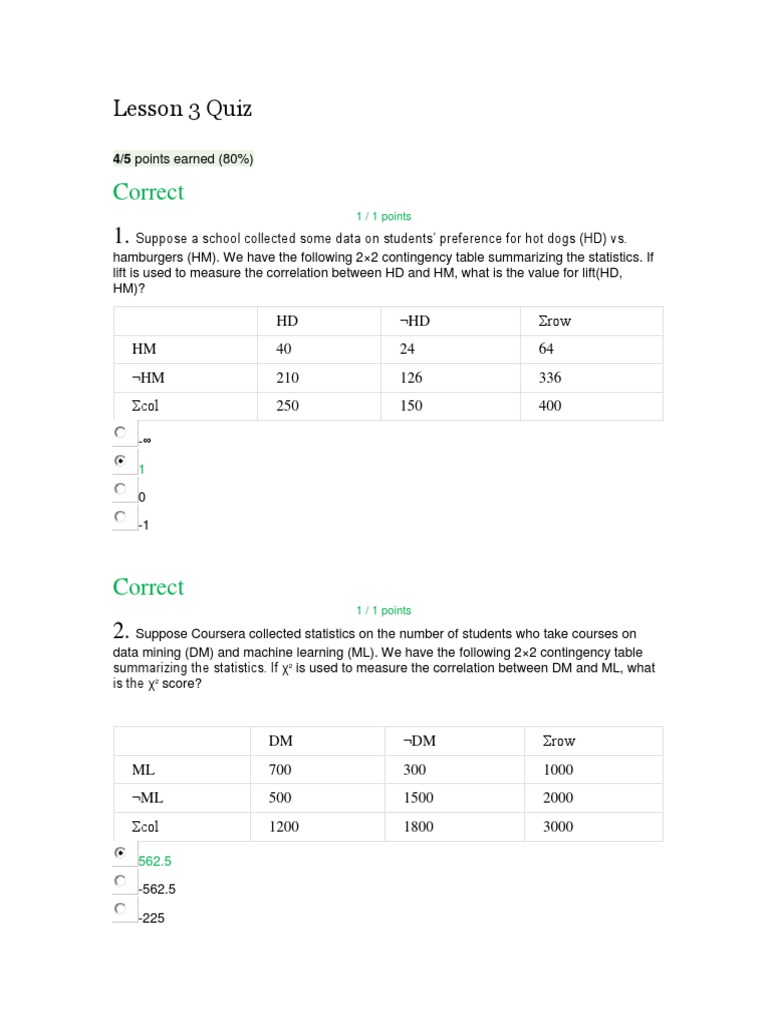 Lesson 3 Quiz | PDF | Correlation And Dependence | Statistics
