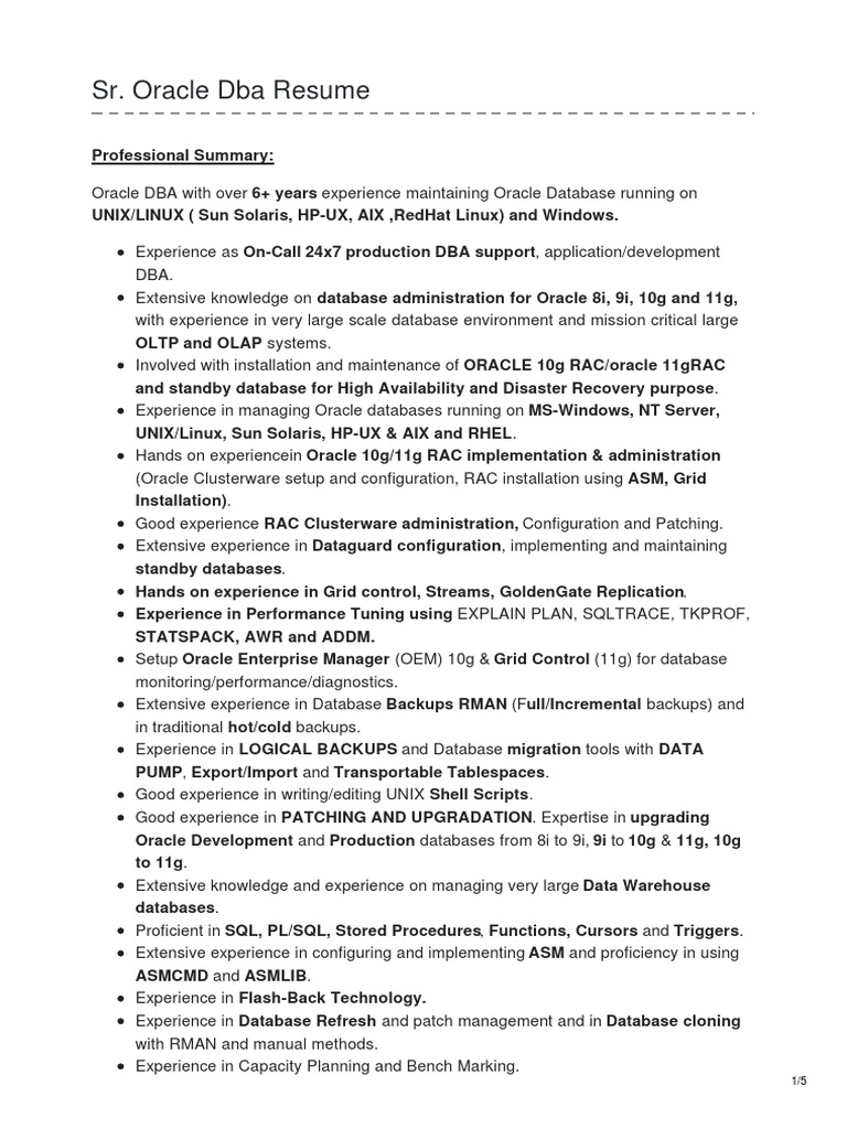 SR Oracle Dba Resume 6+ Years | PDF | Oracle Database | Backup