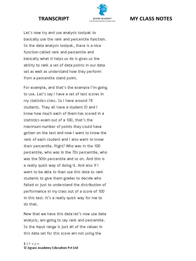 Transcript My Class Notes: © Jigsaw Academy Education PVT LTD | PDF ...