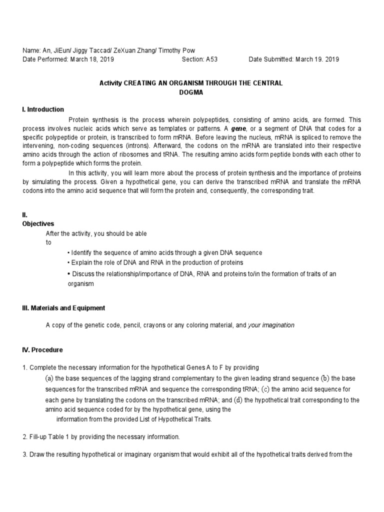 Central Dogma Activity | PDF | Nucleic Acid Sequence | Gene