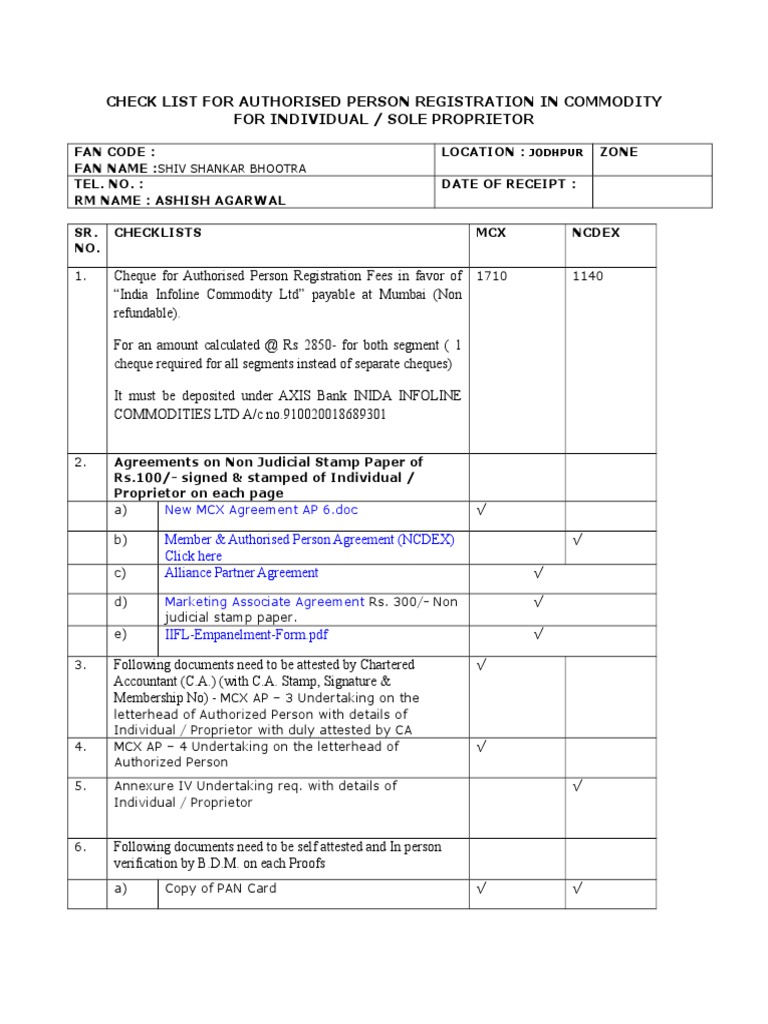 CHECK LIST FOR AUTHORISED PERSON REGISTRATION | PDF | Cheque | Identity ...