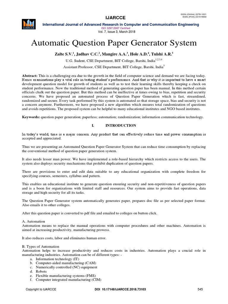 Automatic Question Paper Generator System: Zalte S.V., Jadhav C.C., Mangire A.A., Hole A.D ...