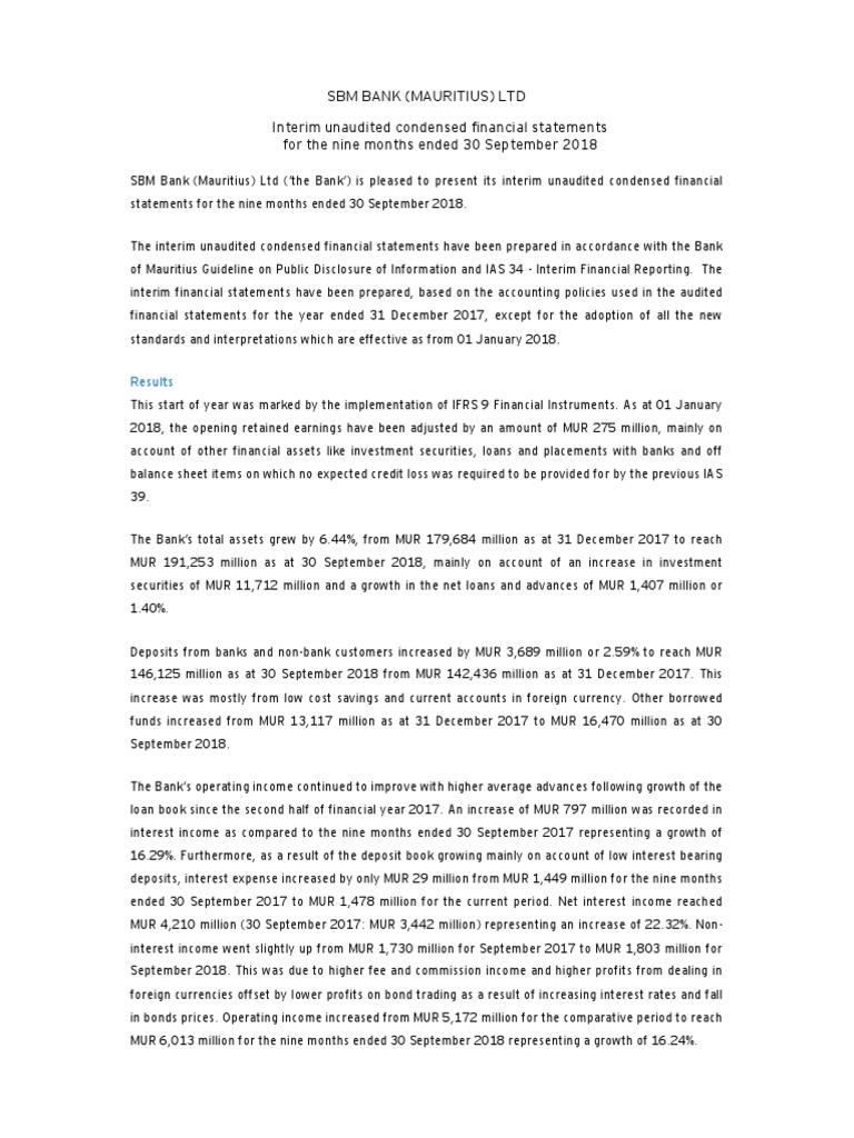 SBM Bank (Mauritius) LTD Interim Unaudited Condensed Financial ...