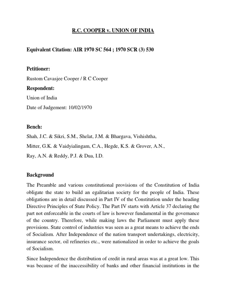 R.C. Cooper V. Union of India | PDF | Supreme Court Of India | Constitution