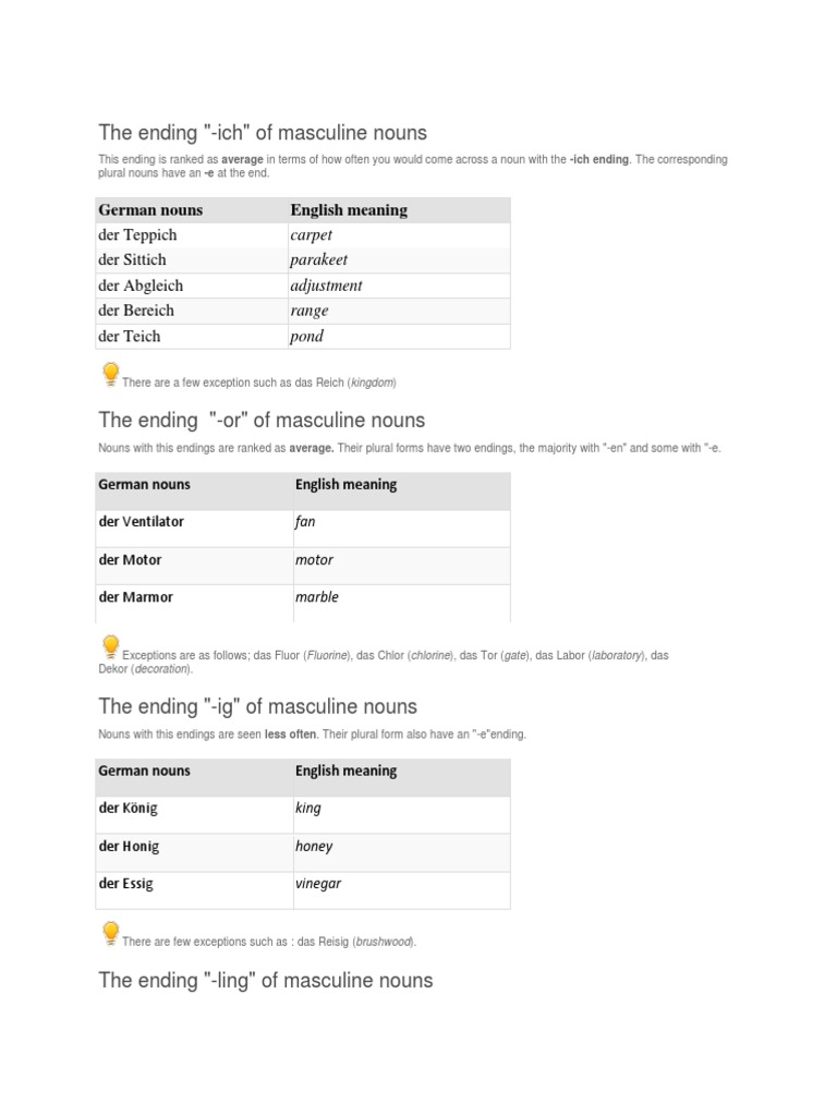 The Ending "-Ich" of Masculine Nouns: German Nouns English Meaning ...