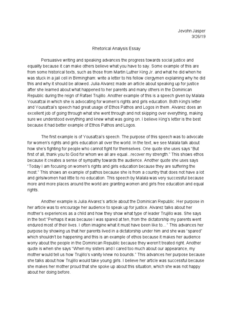 Rhetorical Analysis Essay | PDF | Logos | Martin Luther King Jr.