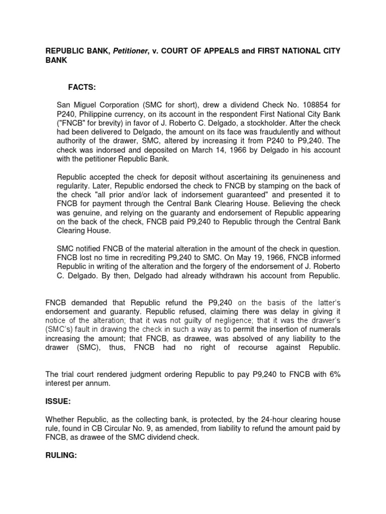 REPUBLIC BANK Nego | PDF | Cheque | Banks