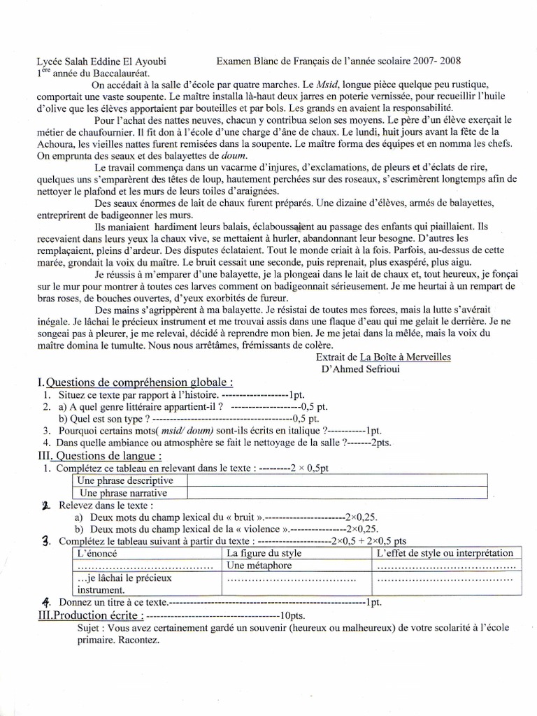 Examen de Première Année Bac Français | PDF