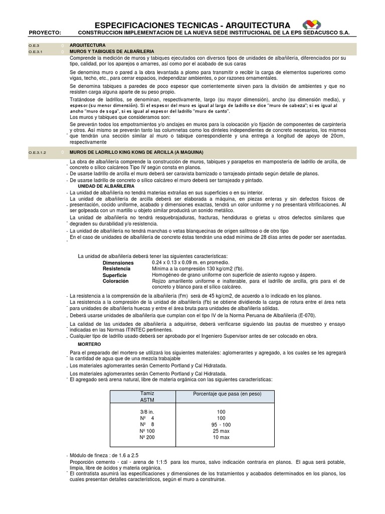 Especificaciones Tecnicas Arquitectura | PDF | Hormigón | Ladrillo