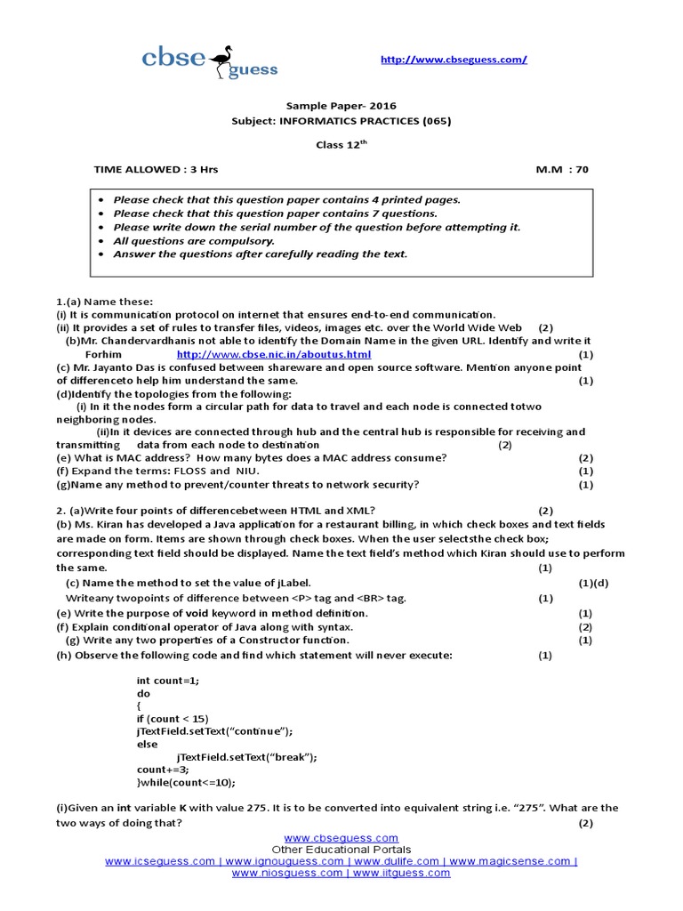 IpQuestion Paper Along With Answer Key | PDF | Control Flow | C ...