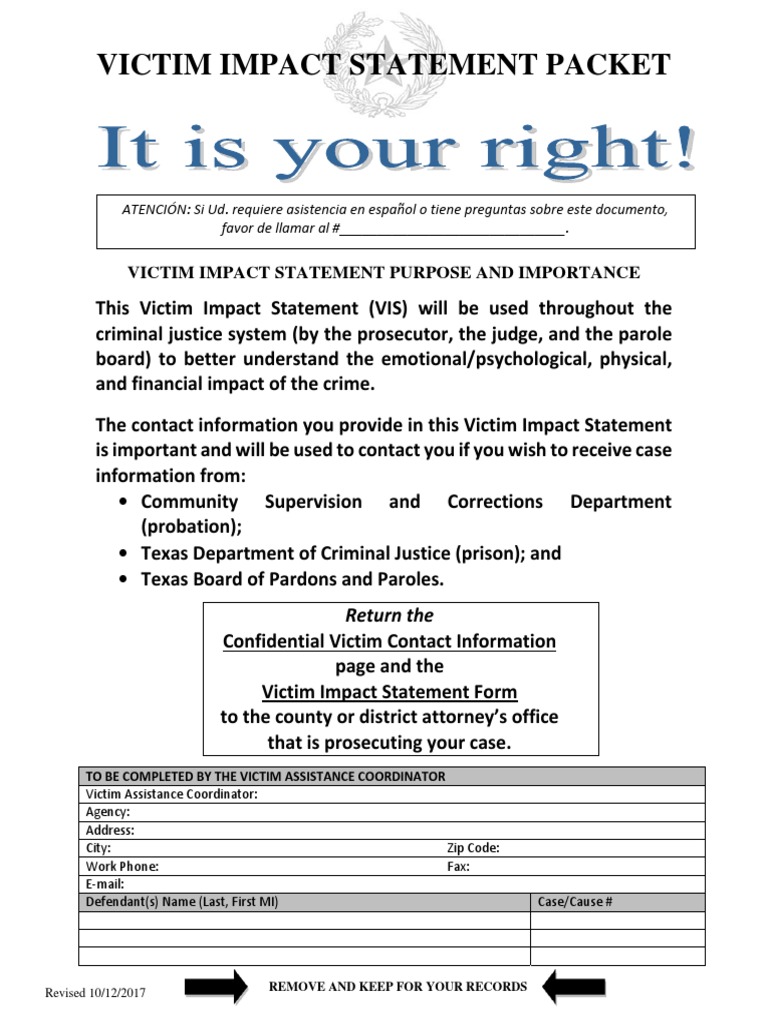 Victim Impact Statement Packet English | PDF | Victimology | Plea Bargain