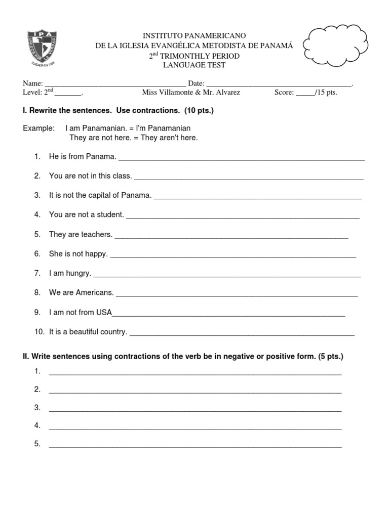 Contractions Test | PDF | Syntax | Grammar