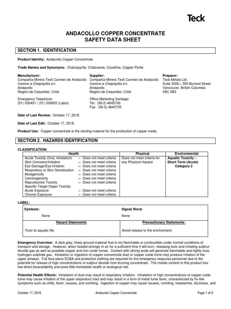 Andacollo Copper Concentrate SDS | PDF | Toxicity | Personal Protective ...