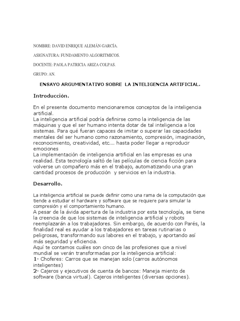 Ensayo sobre Inteligencia Artificial | PDF | Inteligencia artificial ...