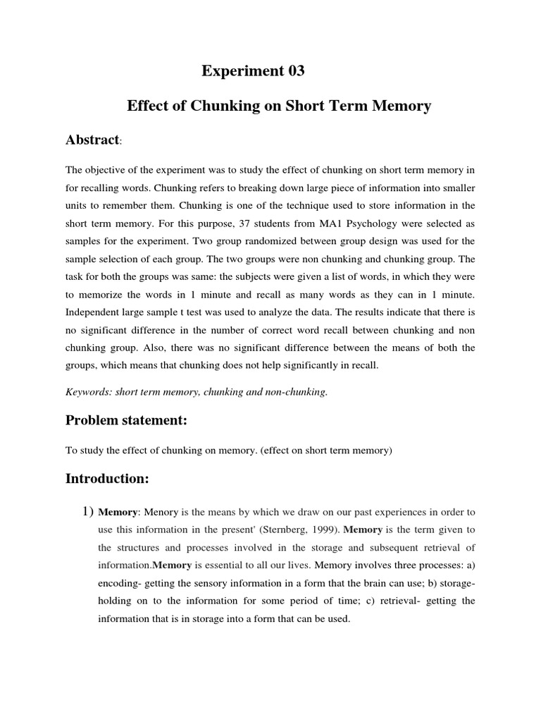 Experiment 03 Effect of Chunking On Short Term Memory | PDF | Memory | Recall (Memory)