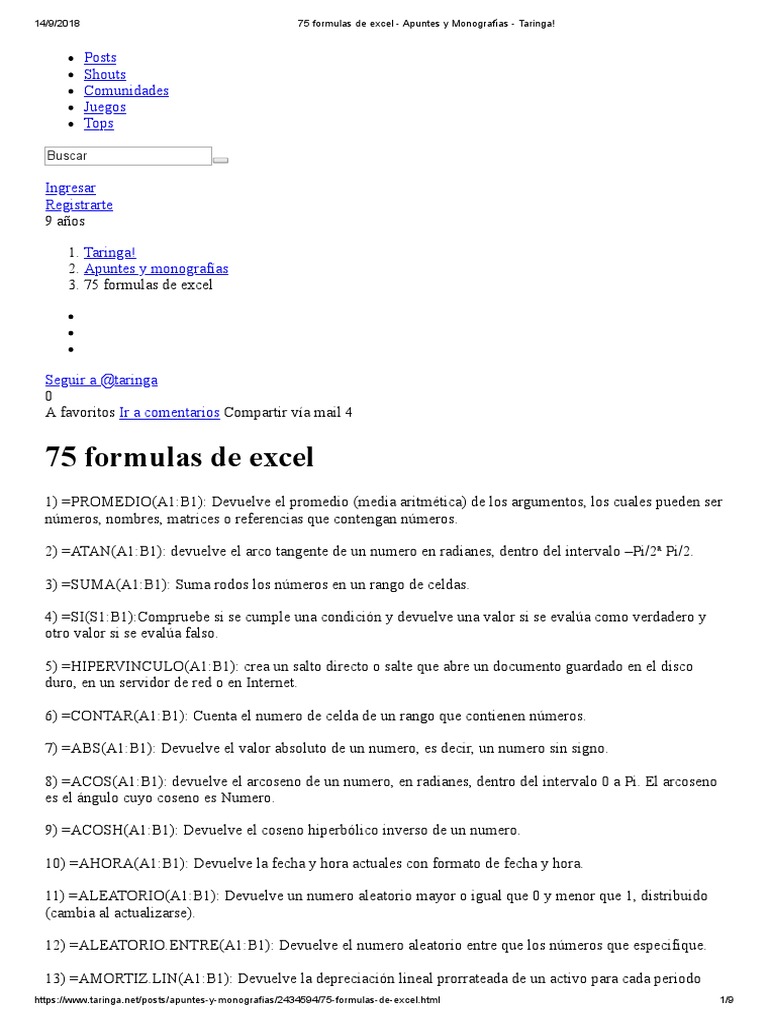 75 Fórmulas de Excel Esenciales | PDF | Pi | Enseñanza de matemática