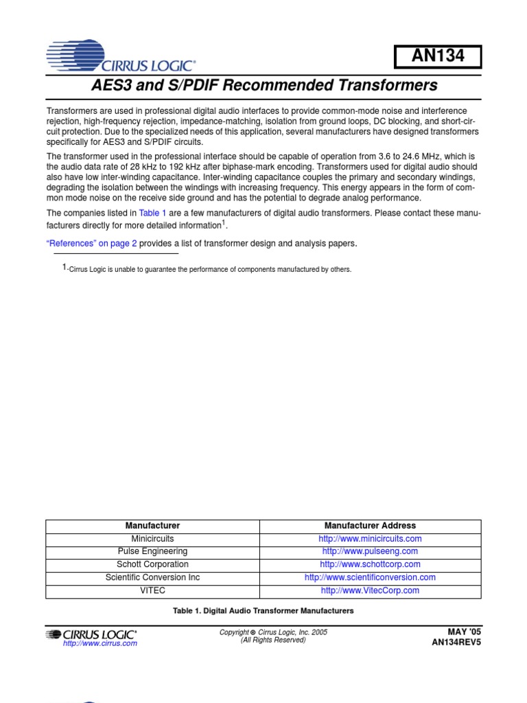 SPDIF Transformer AN134REV5 | PDF | Transformer | Digital Audio